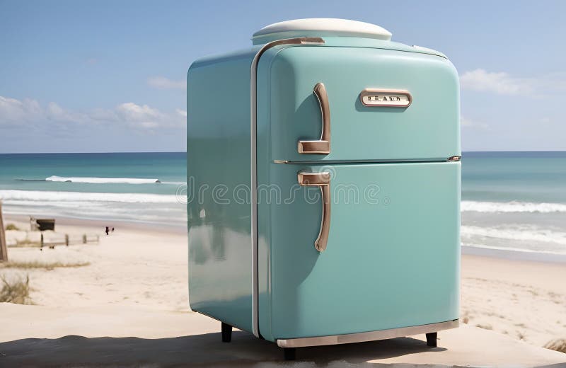 Retro Vintage Refrigerator on the Beach Stock Illustration ...