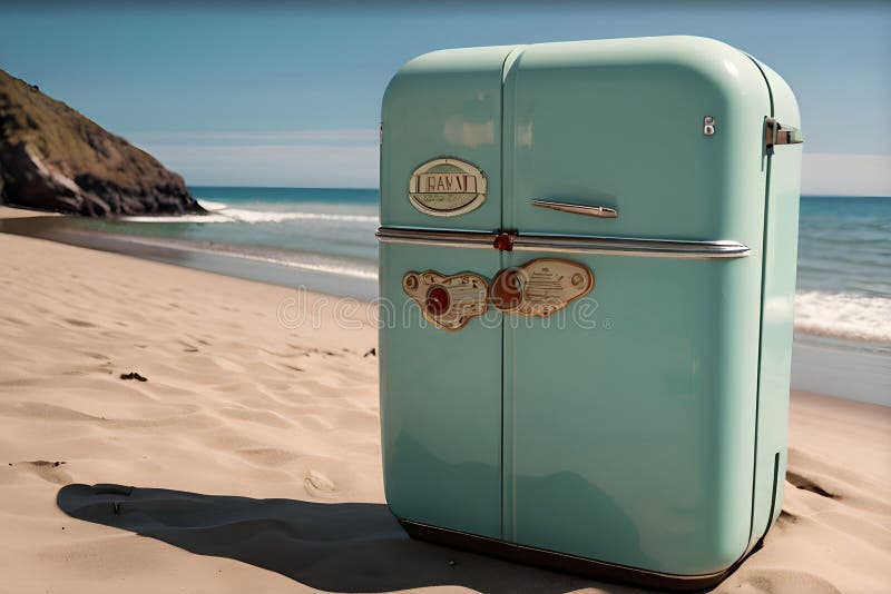 Retro Vintage Refrigerator on the Beach Stock Illustration ...