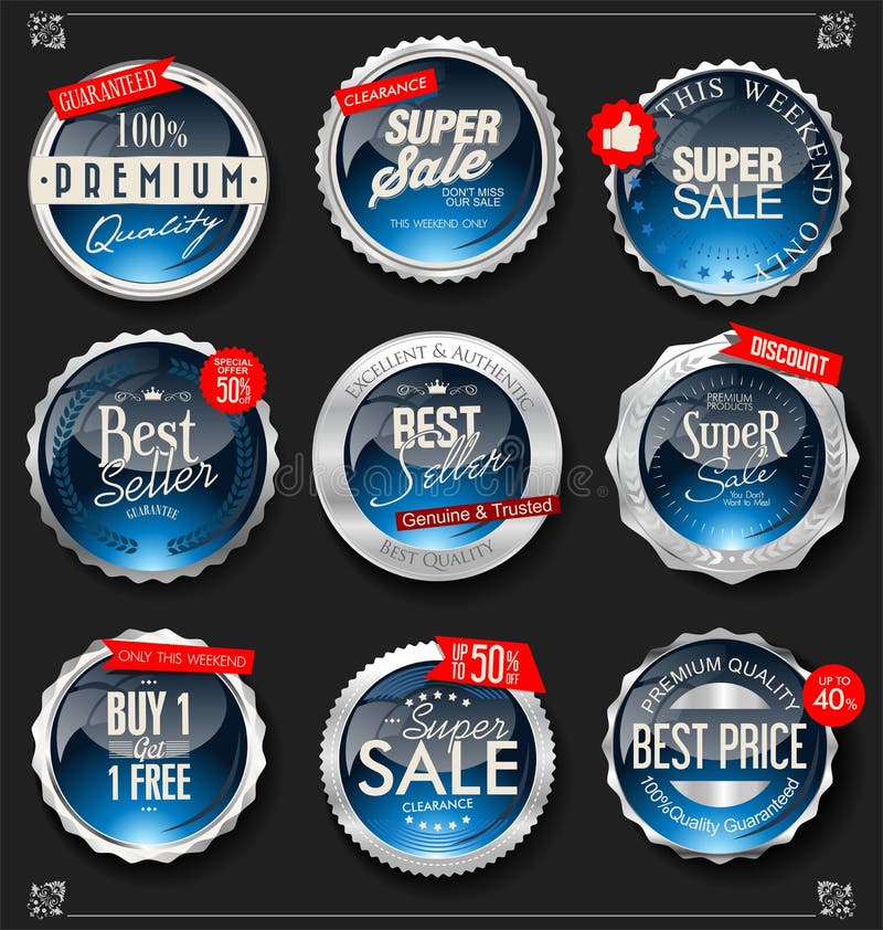 Retro Vintage Silver Badges and Labels Collection Stock Illustration ...