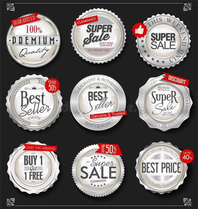 Retro Vintage Silver Badges and Labels Collection Stock Illustration ...