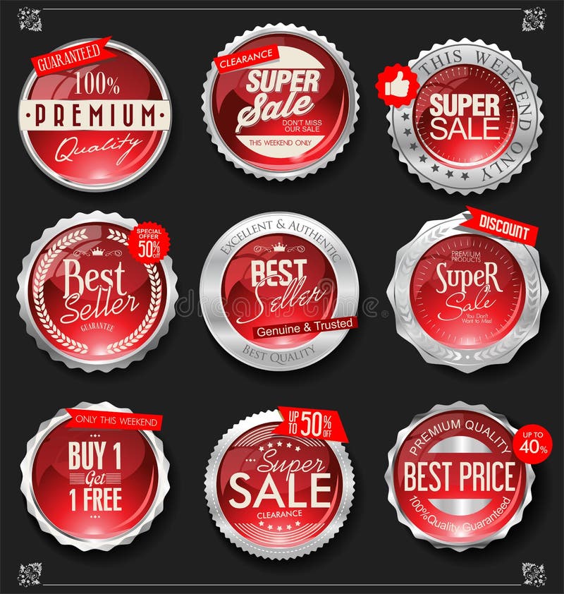 Retro Vintage Silver Badges and Labels Collection Stock Illustration ...