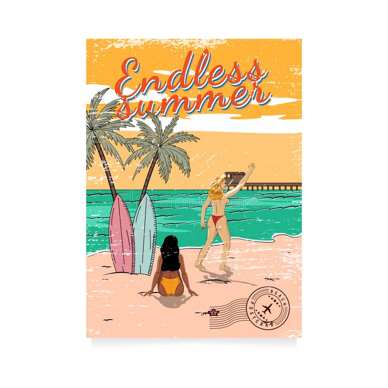 Retro Vintage Summer Poster, Postage Stamp Design with Typography Stock ...