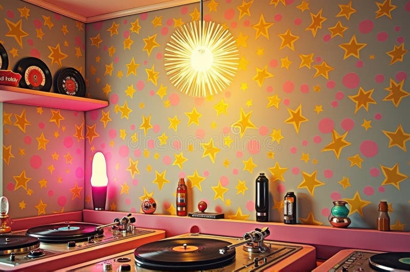 Retro Vinyl Room with Starry Wallpaper and Vintage Turntables Stock ...