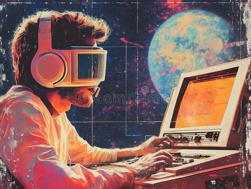 Retro VR Spaceman with Computer. Vintage Stock Illustration ...