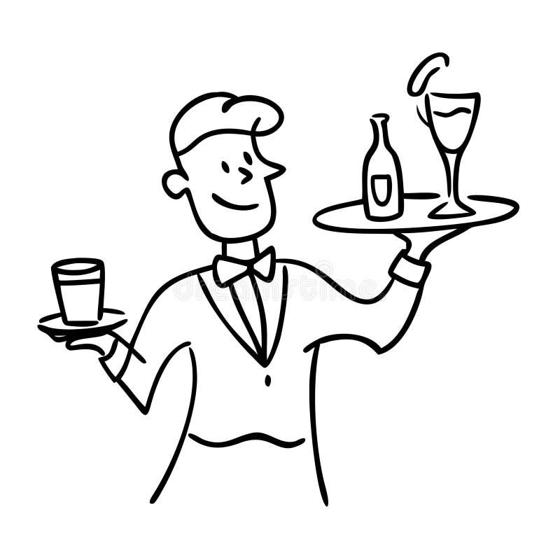 Retro Waiter Character Serving Drinks Vector Illustration for Posters ...