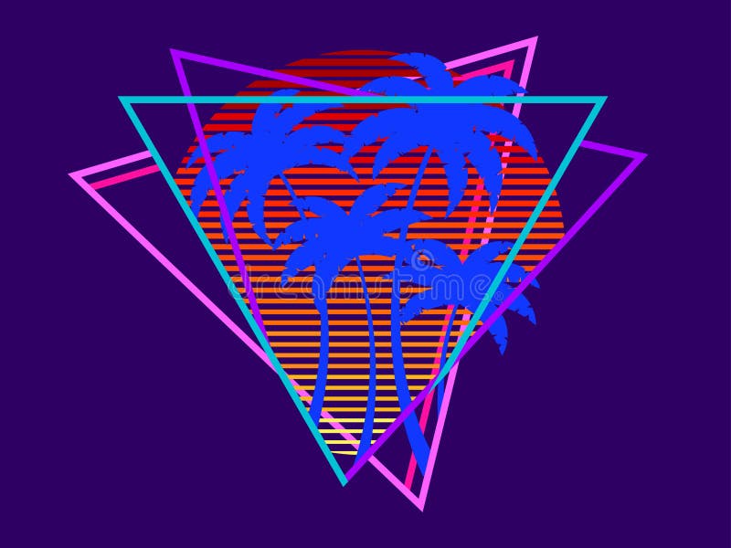 Retro Waves Banner with Sun and Palm Trees in Triangular Frame ...