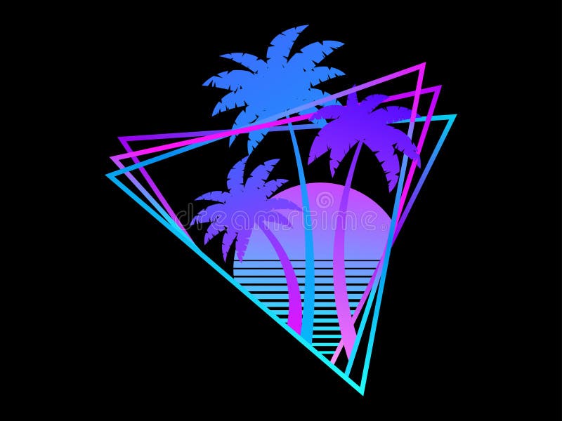 Retro Waves Banner with Sun and Palm Trees in Triangular Frame ...