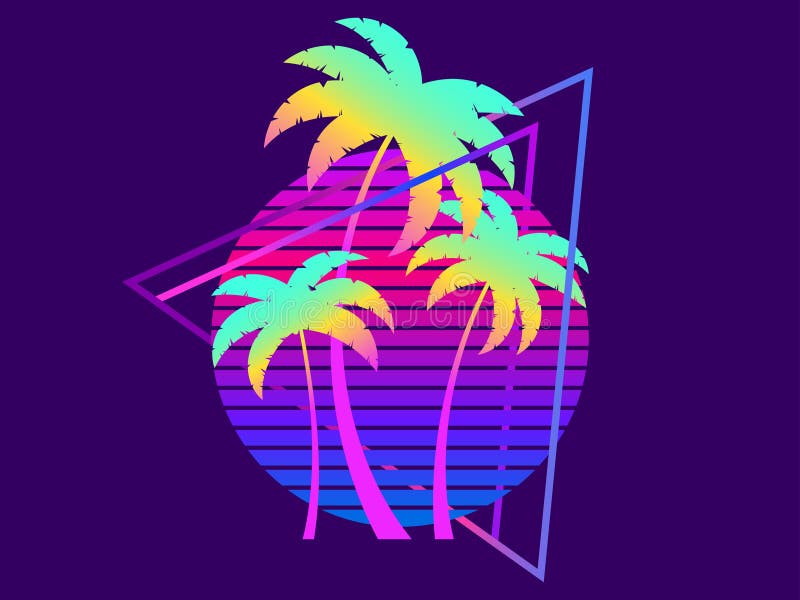 Retro Waves Banner with Sun and Palm Trees in Triangular Frame ...