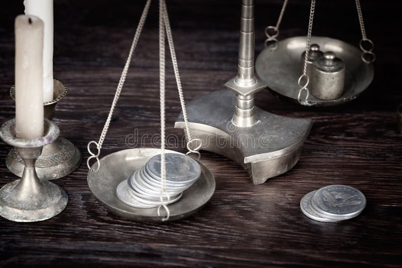 Retro Weighing Scale with Vintage Magnifying Glass on Table Stock Image ...