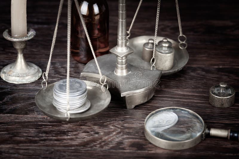 Retro Weighing Scale with Vintage Magnifying Glass on Table Stock Image ...