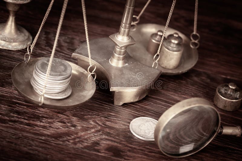Retro Weighing Scale with Vintage Magnifying Glass on Table Stock Image ...