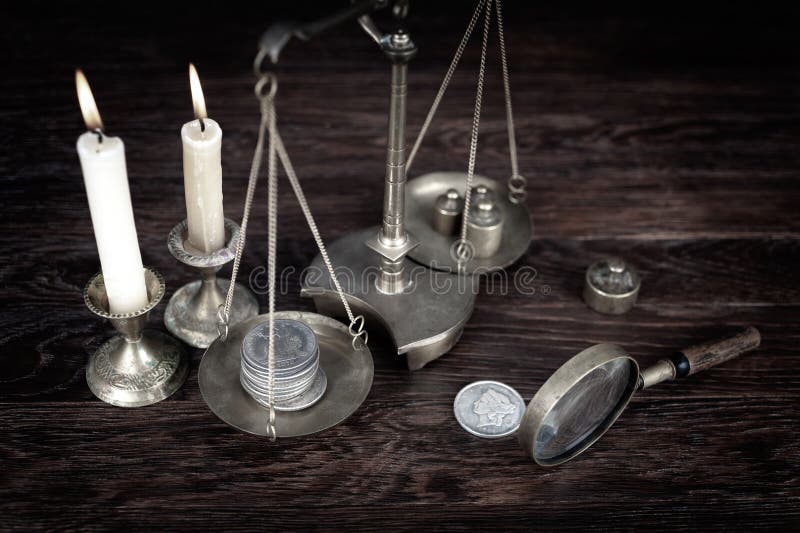 Retro Weighing Scale with Vintage Magnifying Glass on Table Stock Image ...