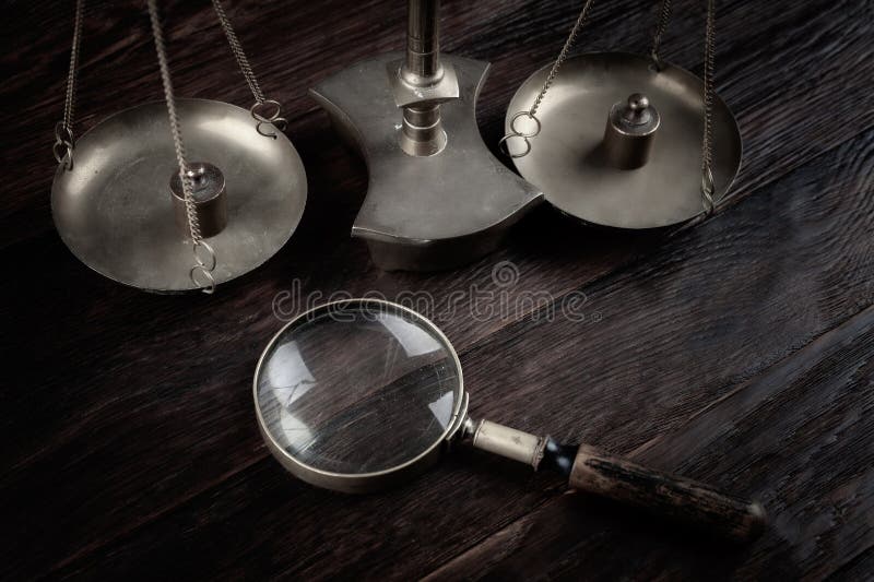 Retro Weighing Scale with Vintage Magnifying Glass on Table Stock Image ...