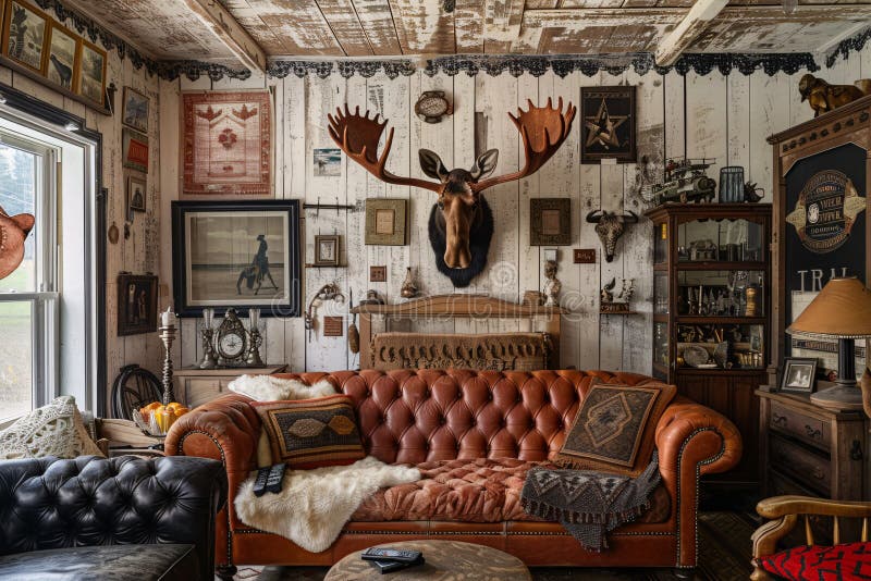 Retro Western Living Room Decorated with Moose Head Stock Illustration ...