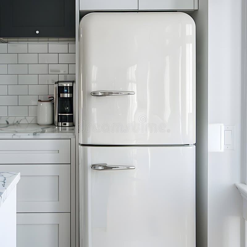 Retro White Refrigerator in Modern Kitchen with Subway Tile Stock Image ...