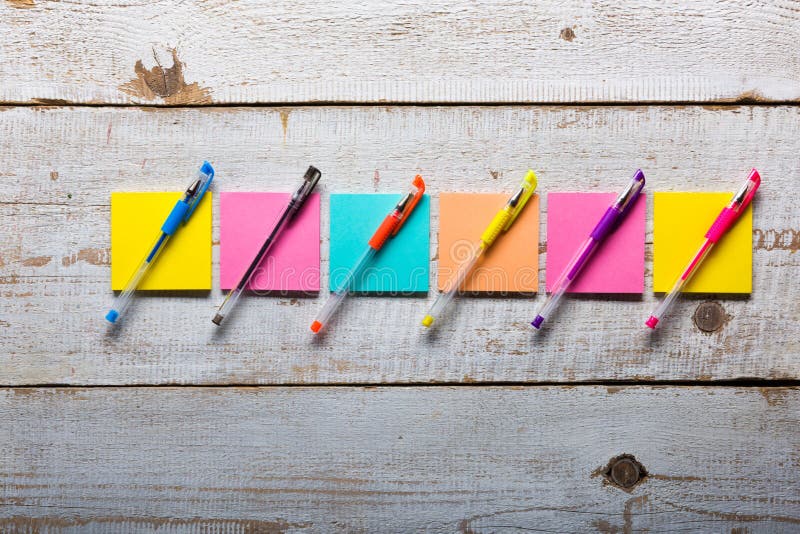 Retro White Wooden Table With Empty Colorful Sticky Notes Stock Image ...