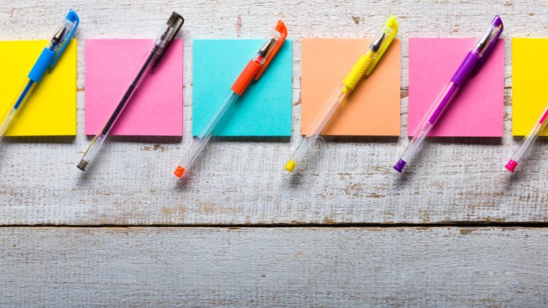Retro White Wooden Table with Empty Colorful Sticky Notes Stock Image ...