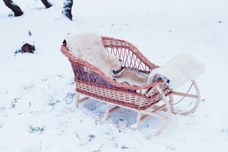 Retro Wicker Sleigh in Winter. Stock Image - Image of home, christmas ...