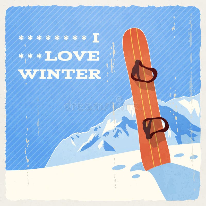 Retro Winter Landscape with Snowboard Stock Vector - Illustration of ...