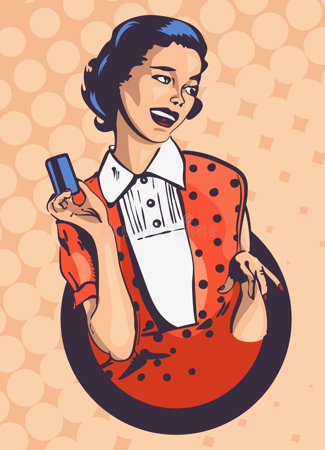 Retro Woman with Credit Card Vector Pic Stock Vector - Illustration of ...
