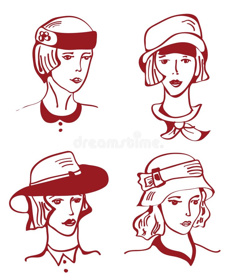 Retro Woman in Hats Hand Drawn Design Stock Vector - Illustration of ...