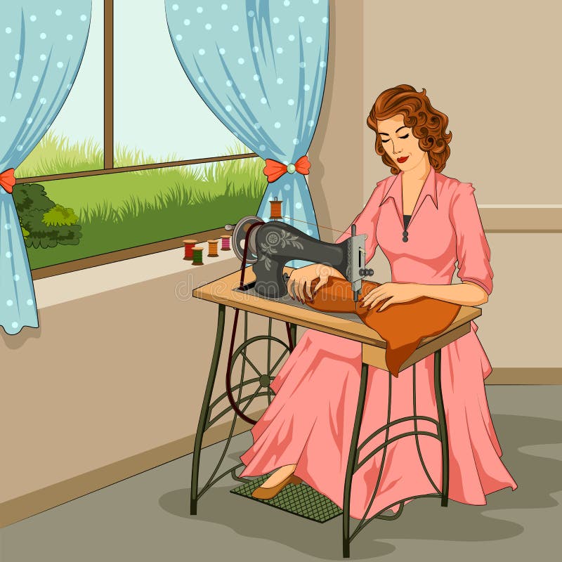 Retro Woman Making Dress in Sewing Machine Stock Illustration ...