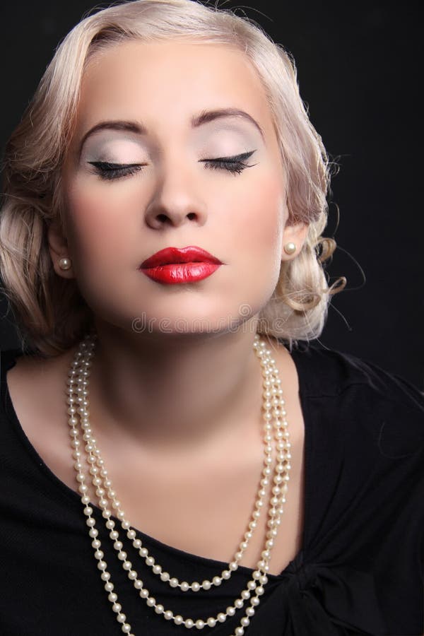 Retro Woman Portrait with Red Lips and Blond Stock Photo - Image of ...