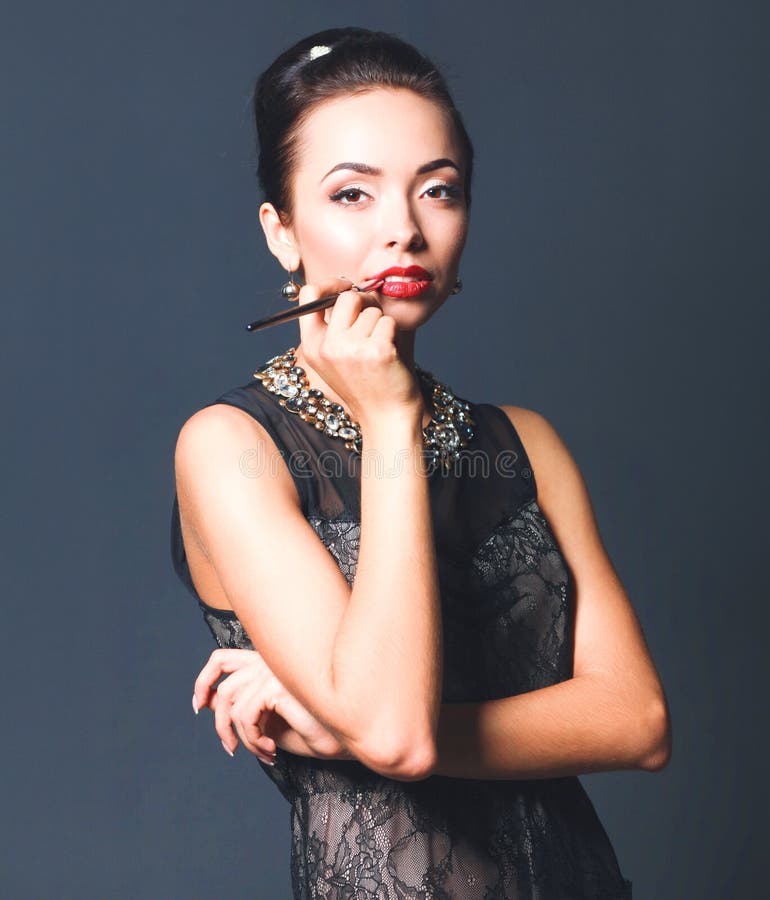 Retro Woman Portrait, Standing on the Black Background Stock Photo ...