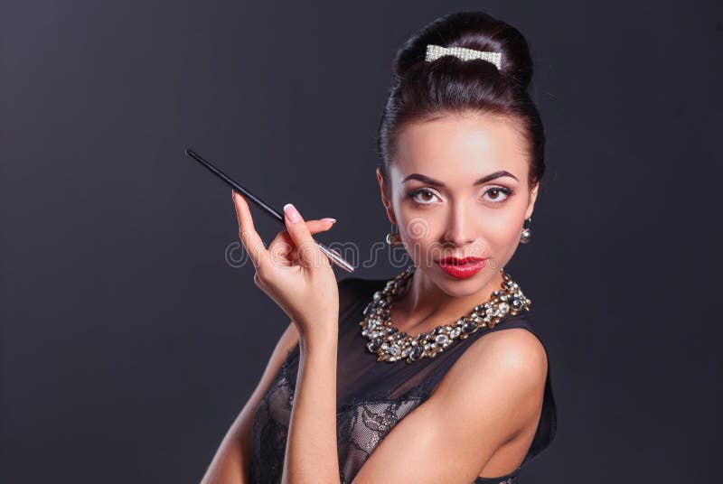 Retro Woman Portrait, Standing on the Black Background Stock Photo ...