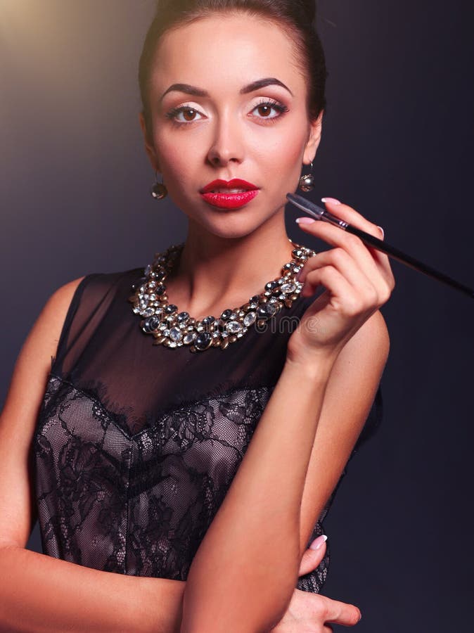 Retro Woman Portrait, Standing on the Black Background Stock Photo ...