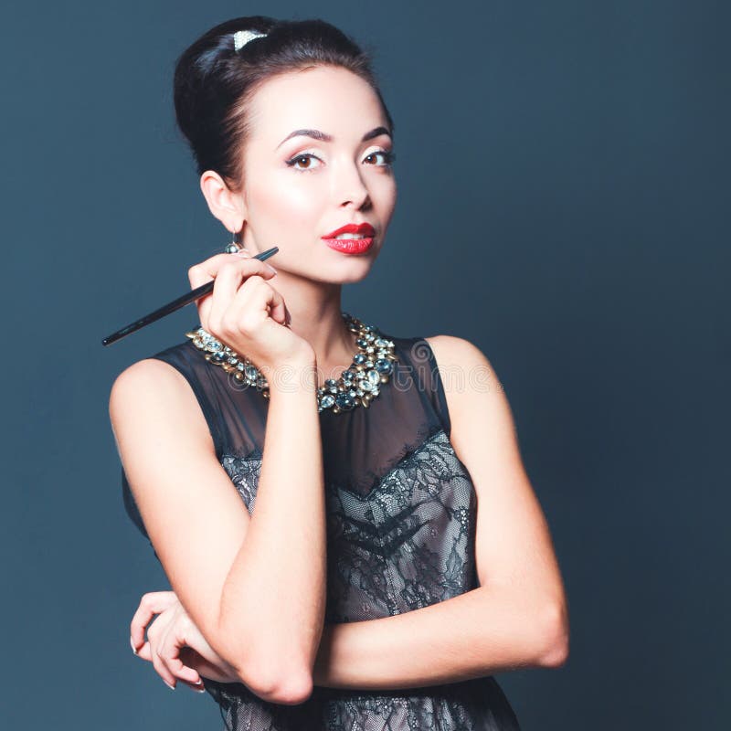 Retro Woman Portrait, Standing on the Black Background Stock Image ...