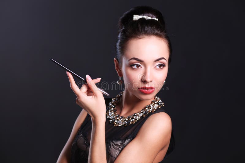 Retro Woman Portrait, Standing on the Black Background Stock Photo ...