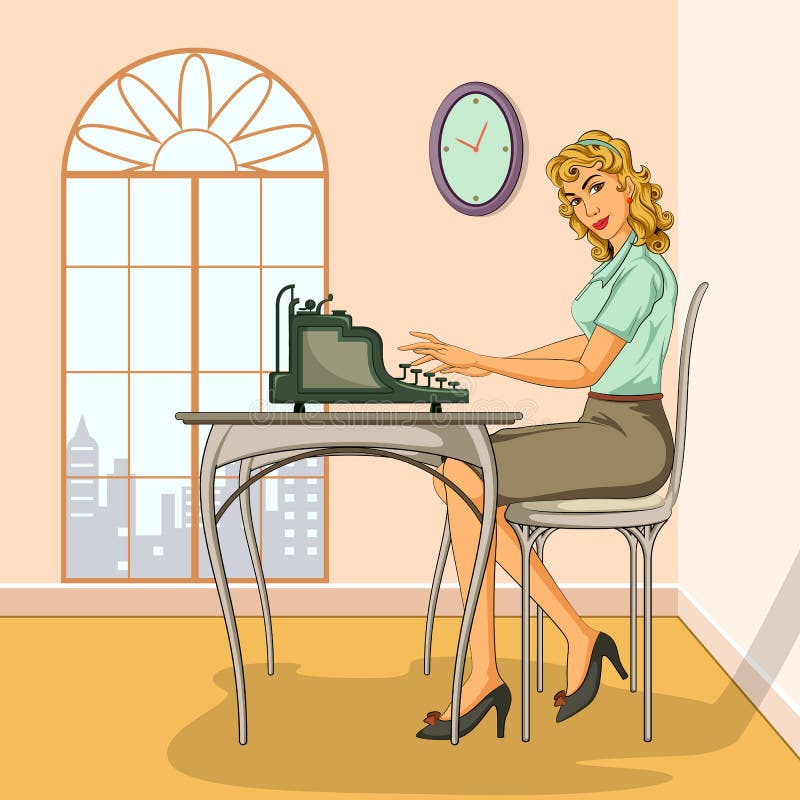 Retro Woman Typing on Typewriter Stock Illustration - Illustration of ...