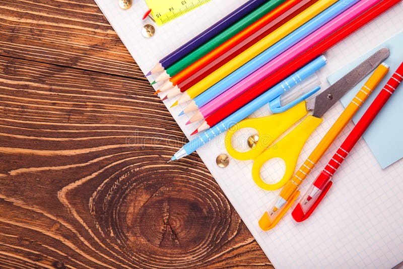 Retro Wooden Table with School Supplies Stock Image - Image of learning ...