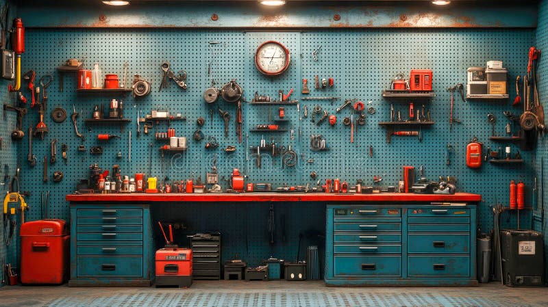 A Retro Workshop with Vintage Tools Neatly Organized on a Blue Wall ...