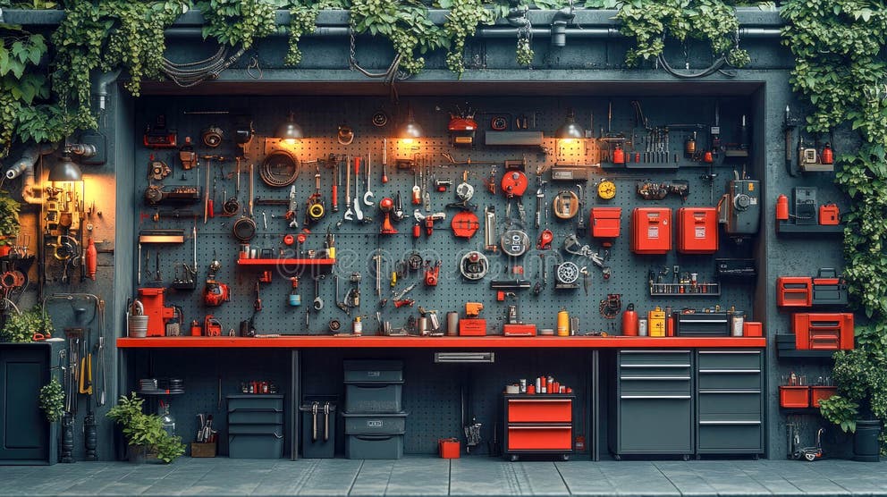 A Retro Workshop with Vintage Tools Neatly Organized on a Blue Wall ...