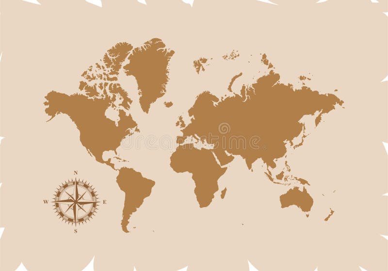 Brown Retro World Map with Compass, Flat Vector Illustration EPS10 ...
