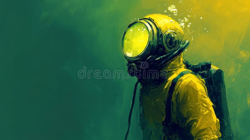 Retro Yellow Diver in a Greenish Ocean Stock Illustration ...