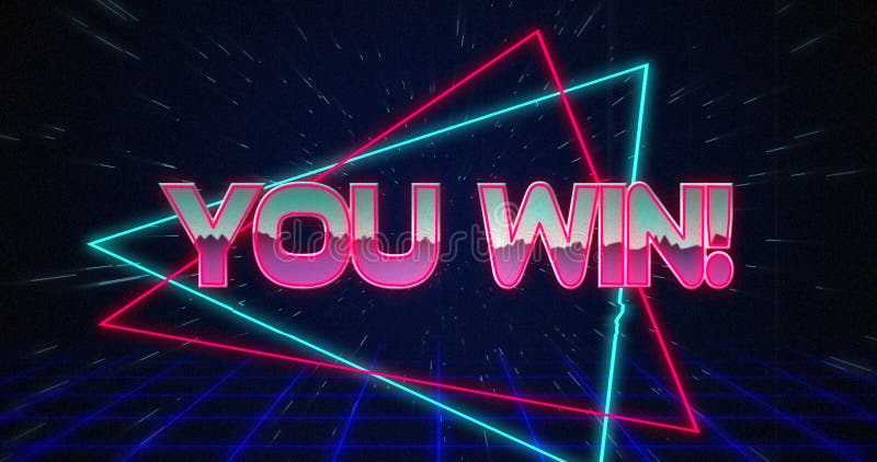 Retro You Win Text Glitching Over Blue and Red Triangles on White ...