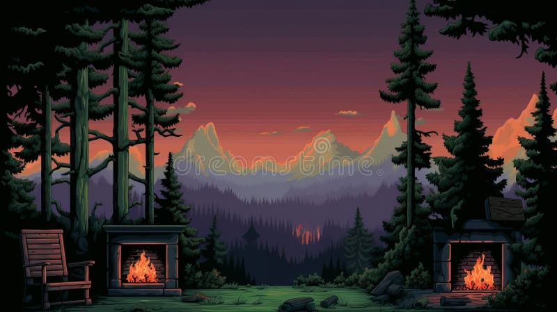 Retroactive 8-bit Juniper Forest Fireplace Pixel Landscape Stock ...