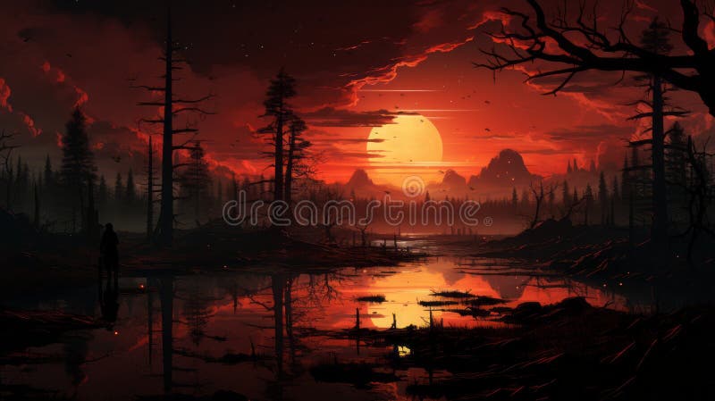 Retroflex 8-bit Mahogany Forest: Glitched Post-apocalyptic Sunset Scene ...