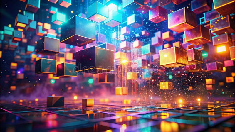 A RetroFuture Vision Glowing Particles Dance Around Abstract Floating ...