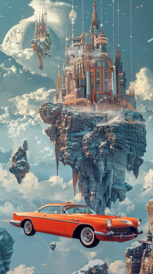 Retrofuturism an Orange Car Flying Past a High Tech Castle among ...