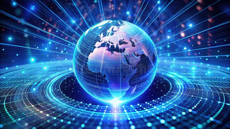A Retrofuturistic 3d Earth Globe Immersed In A Network Of Binary Code And Digital Data Streams