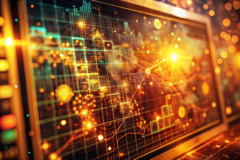 Retrofuturistic Digital Data Stream a Glowing Computer Screen Closeup ...