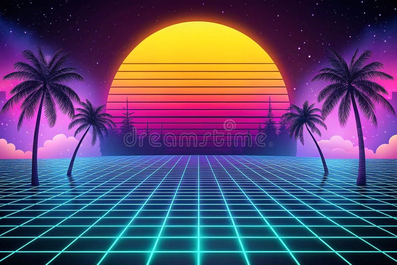 Retrofuturistic Grid Landscape with Palm Trees and Sunset Stock ...