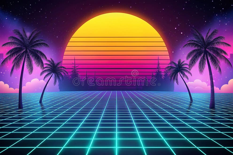 Retrofuturistic Grid Landscape with Palm Trees and Sunset Stock ...