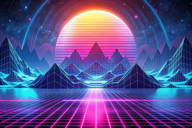 Retrofuturistic Landscape, Sun, Mountains, Grid, Digital Art Stock ...