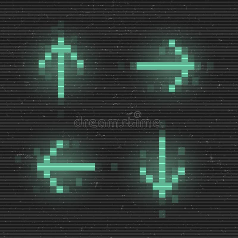 Retrofuturistic Set of Glitch Arrows. Green Glowing Digital Pointers. 8 ...