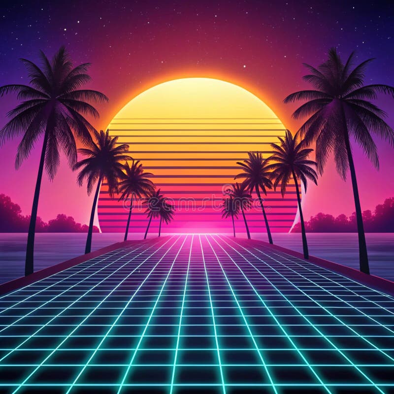Retrofuturistic Grid Landscape Palm Trees Sunset Stock Photos - Free ...